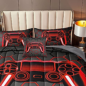 BDUCOK 6 Piece Gamer Comforter Sets Bed in A Bag for Boys Teen Kids,Honeycomb Gaming Bedding Sets Gamepad Comforter Microfiber Bed Set for All Season Gamer Home Decor(Green, 6 Piece Sets30023-Queen)