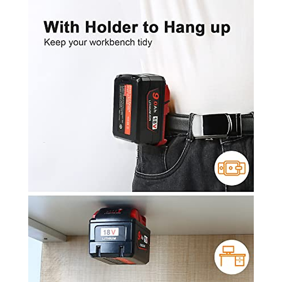 SUnMilY 2 Pack M-18 Battery 9.0 Ah for Milwaukee 18 Volt Batteries, High Output 18V 9000 mAh Replacement for 48-11-1852 48-11-1850 48-11-1840 48-11-1890 48-11-1828 with 2 Holder