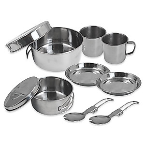 10Pcs Stainless Steel Camping Cookware Mess Kit, Camping Cook Pot with Folding Handle, Backpacking Mess Kit, Hiking Camping Cooking Set with Cups, Pots, Dishes, Spoons, Pans