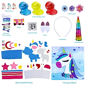 Klever Kits Unicorn Gifts Girls DIY Craft Kit Including 1 Large String Art Board, 1 Unicorn Flower Headband, 3 Unicorn Glitter Slime and Unicorn Sewing Kits, Art & Crafts Project Kit for Kids Girls