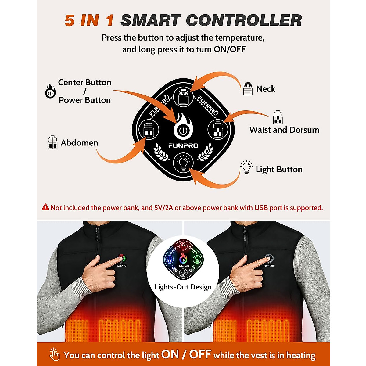 FUNPRO Heated Vest for Men Women, Windproof Electric Heating Vest, Softshell Sleeveless Sports Jacket, Battery Not Included