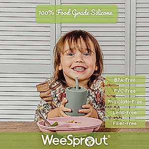 WeeSprout Silicone Baby Drinking Cup with Straws and Lids, 4 and 8 Ounces Options, Set of 2 Food Grade Toddler Training, Built In Straw Stoppers, Measurement Markings (Matte Blue, Matte Green)