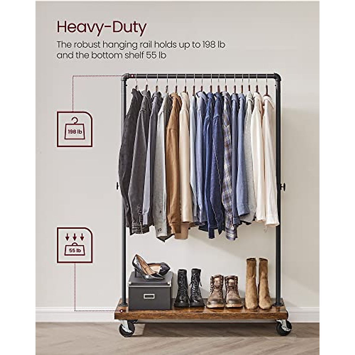 VASAGLE Clothes Rack, Heavy Duty Clothing Rack, Industrial Pipe Style Rolling Garment Rack with Shelf, for Bedroom, Laundry Room, Retail Store, Rustic Brown and Black UHSR65BX