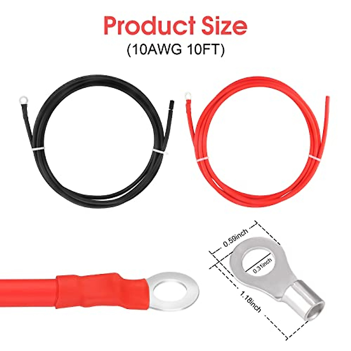 PAEKQ 10 Gauge Tray Cables Solar 10AWG(6mm²) Power Inverter Battery Cables PV Tinned Copper Electrical Wire with O-Type Terminal for Solar Panel Marine Boat RV Automotive Harness Wiring(10FT)