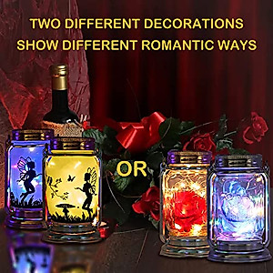2 Pack Solar Fairy Lantern Mason Jar Light, Red&Purple Rose Flower with Fairy Stickers Mother's Day Gifts Solar Hanging Lantern Stake Lights Garden Wedding Party Decoration(Warm White&Multi Color)