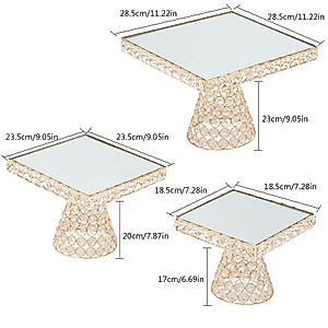 3 Piece Crystal Cake Stands, Gold Round Crystal Cupcake Stand with Square Tray Present Dessert Stands for Wedding Brithday Party Celebration Dessert Display(3Pcs/ Gold Square)