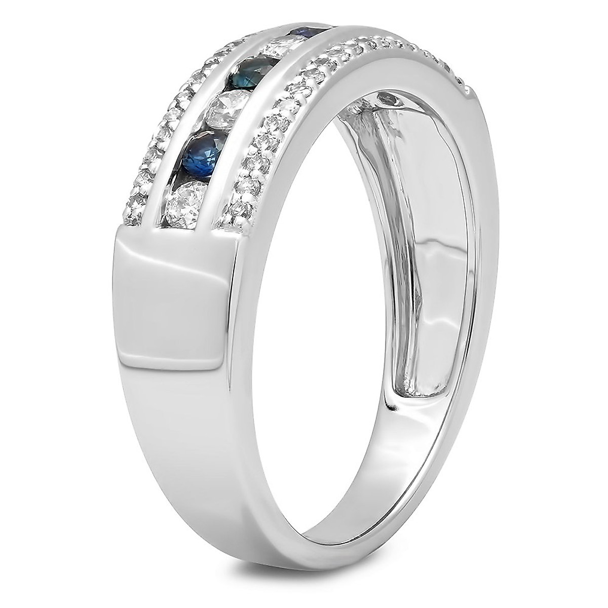 Dazzlingrock Collection 14K Round Blue Sapphire & White Diamond Women Anniversary Band, White Gold, Size 6