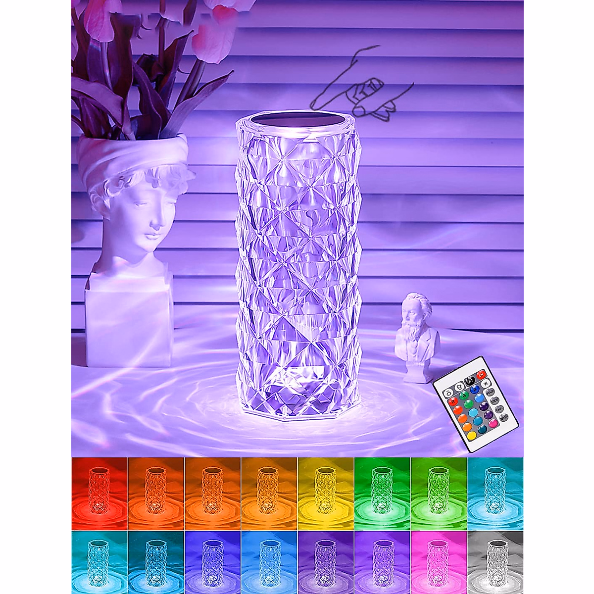 Crystal Lamp, 16 Color Changing RGB Rechargeable Rose Crystal Table Lamp with USB + Remote, Touch Control Crystal Rose Lamp, Romantic Diamond Night Light for Living Room