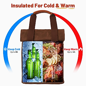 Corebes Insulated Lunch Bag for Men/Women, 11L Waxed Canvas Lunch Box with Adjustable Shoulder Strap & Double Hook-and-Loop Handles for Work Picnic Hiking Brown