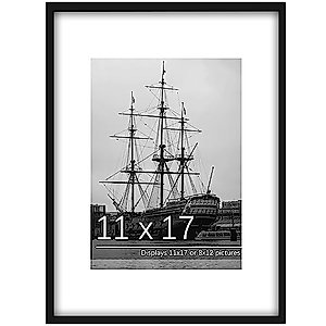 PEALSN 11x17 Picture Frame, Display Pictures 8 x 12 with Mat or 11 x 17 Without Mat for Wall Mounting Display, Photo Frames, Black