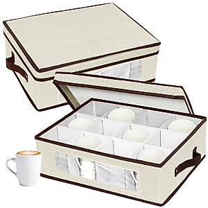 homyfort 2 Pack Mug Storage Box with Dividers, China Cup Storage Containers Organizer Hard Shell with Compartments for 24 Tea Cups and Coffee Mugs (Beige)
