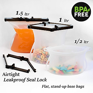 (Set of 3) Leak-proof Seal Lock Reusable Silicone Food Storage Bag. Heavy-Duty Airtight, Flat stand-up base. Store, Microwave and Freeze (Sizes in set 1.5 liter - 1 liter - 1/2 liter)