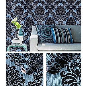 TaoGift Self Adhesive Vinyl Damask Contact Paper Shelf Drawer Liner for Kitchen Cabinets Closet Furniture Wall Door Crafts Decor Sticker (Black-Blue, 17.7x117 Inches)