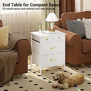 YILQQPER Nightstand, Small Dresser, Bedside Furniture, White Night Stand End Table with 4 Fabric Drawers for Bedroom, Leather Finish & Wood Top, White