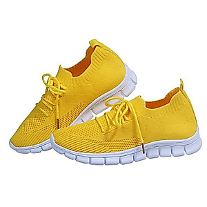 Lausiuoe Womens Shoes for Plantar Fasciitis Support Slip On Breathable Mesh Walking Shoes Women Fashion Sneakers Comfort Non Slip Running Tennis Gym Athletic Workout Shoes Yellow