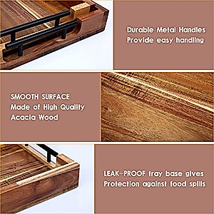 Acacia Wood Serving Tray with Handles Set of 2, Rustic Serving Tray for Ottoman, Wood Nesting Trays, Decorative Serving Trays for Breakfast in Bed,Lunch,Dinner,Coffee Table,BBQ, Party –Great for Lap