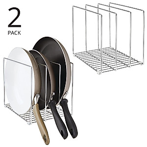 mDesign Metal Wire Organizer Rack for Kitchen Cabinet, Pantry, Shelves - Organizer Holder, 3 Slots for Skillets, Frying Pans, Lids, Cutting Boards, Vertical or Horizontal Placement, 2 Pack - Chrome