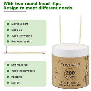 FOVURTE Bamboo Cotton Swabs 400 count, Organic Cotton Swab Round Tips, Natural Wooden Cotton Buds for Ears, Double Heads Ear Sticks Travel, Makeup Remover