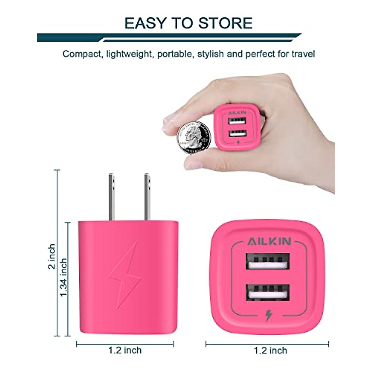 Wall Charger, AILKIN USB Plug Fast Charging Block, Power Adapter Cube 2 Port Charge Travel Brick Cell Quick Chargers Box for iPhone 15/14/13/12 Pro/SE/11Pro Max/XR, Samsung Galaxy S22 S7 S6, HTC, LG