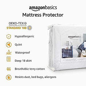 Amazon Basics Hypoallergenic Waterproof Fitted Mattress Protector Cover, King, White, 18 inch