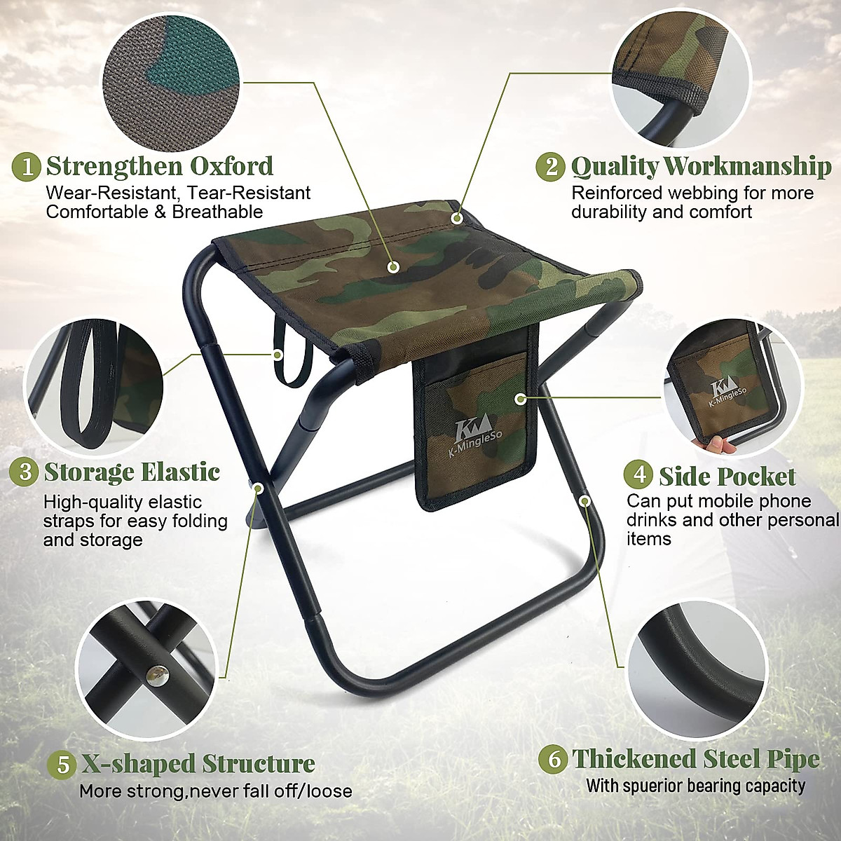 K-MingleSo Upgraded Portable Folding Stool, 13 Inch Camping Stool for Adults Fishing Hiking Gardening and Beach with Carry Bag, Hold Up to 450lbs[Camo]