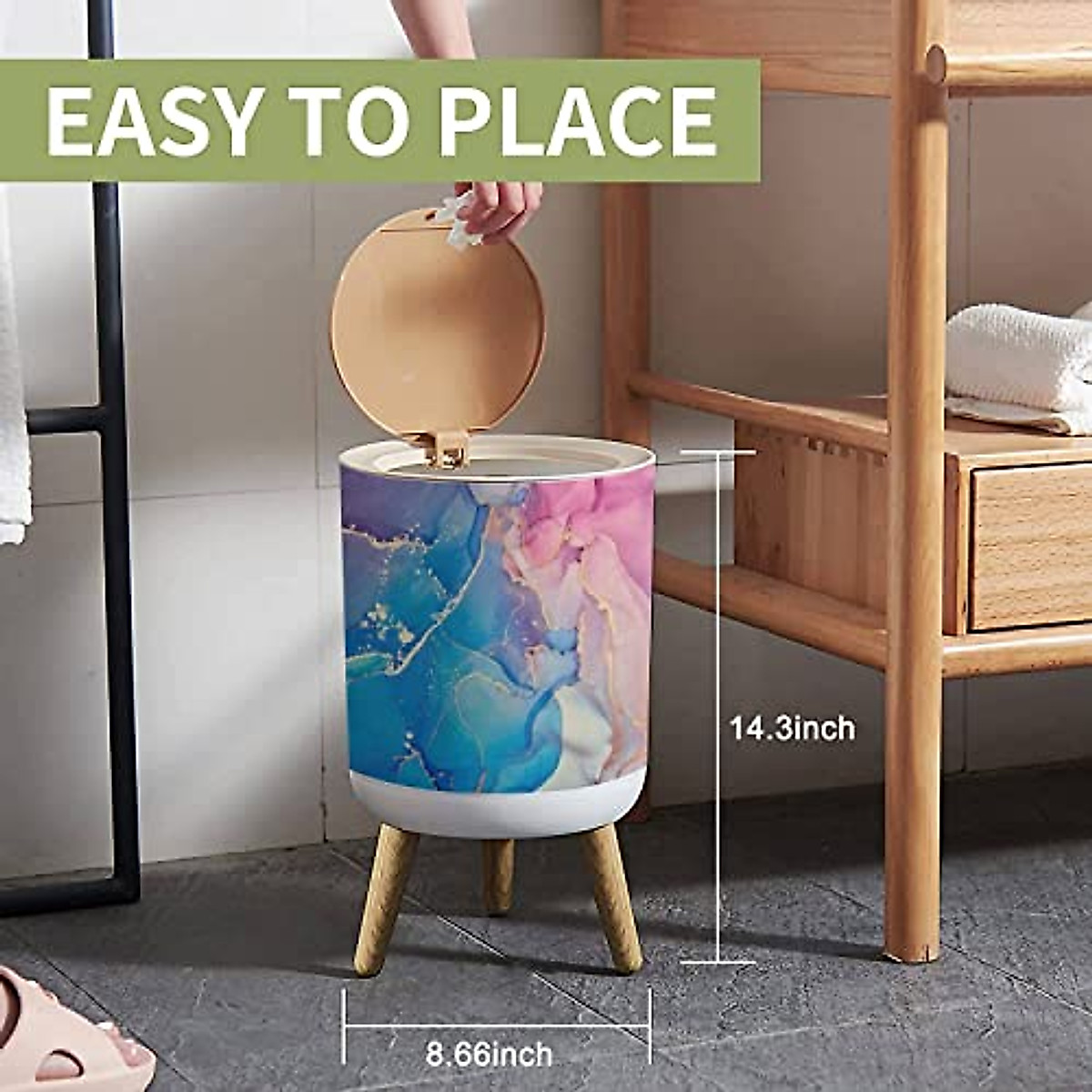 IBPNKFAZ89 Small Trash Can with Lid Ink Colors Translucent Abstract Multicolored Marble Texture Garbage Bin Wood Waste Bin Press Cover Round Wastebasket for Bathroom Bedroom Kitchen 7L/1.8 Gallon