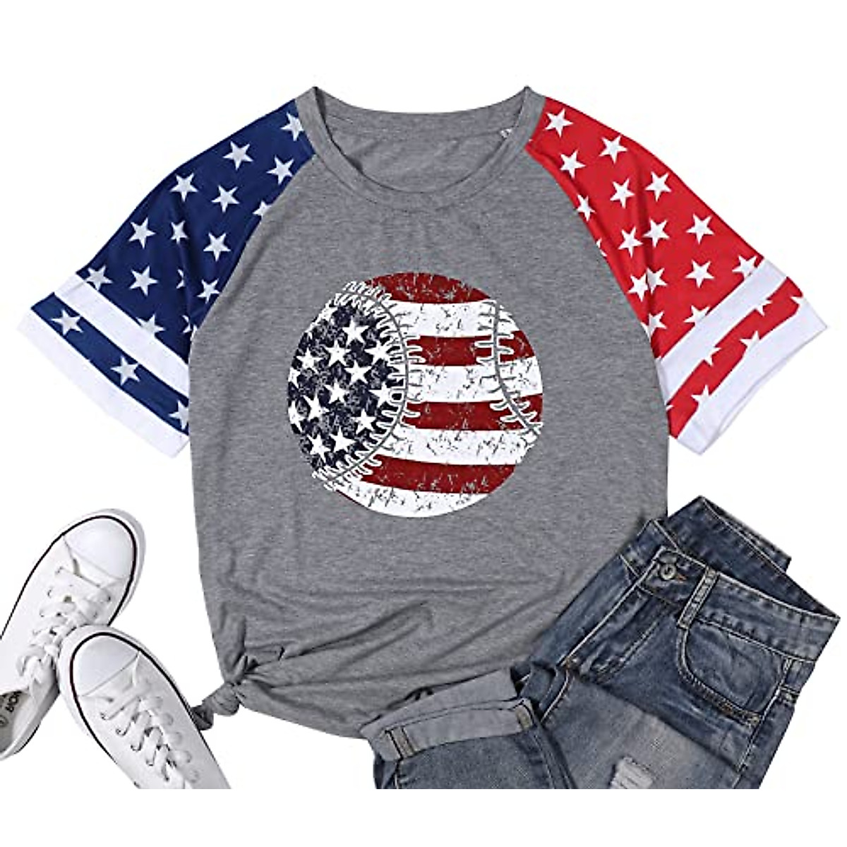 UNIQUEONE Women's American Flag Baseball Printed T-Shirt O-Neck Short Sleeve Causal Tops