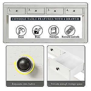 YWUFUART 63" Solid Wood Console Table,Pine Wood Sofa Table with 4 Storage Drawers,Retro Entry Table for Living Room,Hallway,Entryway,Foyer,Antique White