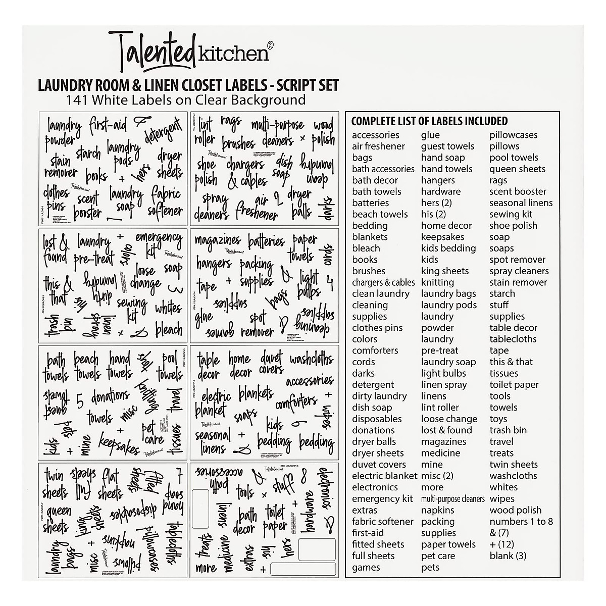 Talented Kitchen 141 Laundry Room Labels for Jars and Containers, Preprinted White Script Stickers for Linen Closet, Bathroom Organization, Cleaning Supplies (Water Resistant)