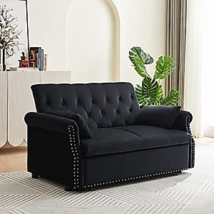 3 in 1 Sleeper Sofa Couch, Velvet Convertible Loveseat Sleeper with Adjustable Backrest, Pull Out Sofa Bed for Living Room Apartment, 55" Black
