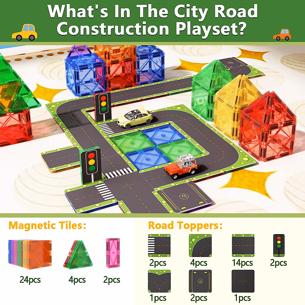 Magnetic Tiles Road Toppers Set Kids Toys for 3 Year Old Boys and Girls Playing with Car Toys Preschool Learning Activities Gift for 3 4 5 6 Year Old Toddlers Kids