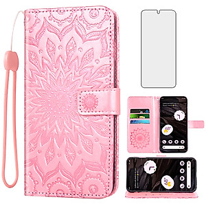 Asuwish Phone Case for Google Pixel 7A 5G 2023 Wallet Cases with Tempered Glass Screen Protector and Sunflower Leather Slim Flip Cover Card Holder Stand Cell Accessories Pixel7A A7 Women Rose Gold
