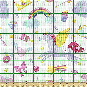 Ambesonne Rainbow Fabric by The Yard, Repetitive Unicorn Pegasus with Funny Cartoon Items, Decorative Fabric for Upholstery and Home Accents, 1 Yard, Lilac Yellow