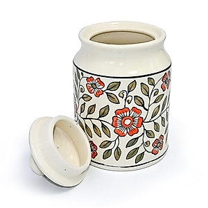 Amoorcart Ceramic Jars and Containers with Lid for Kitchen - Hand painted - Pack of 1-17cm height - (NON AIRTIGHT) - Red Green Floral