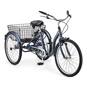 Schwinn Meridian Adult Tricycle Bike, Mens and Womens Three Wheel Beach Cruiser, 24-Inch Wheels, Low Step-Through Frame, Wide Seat, Rear Folding Basket, 1-Speed, Slate Blue
