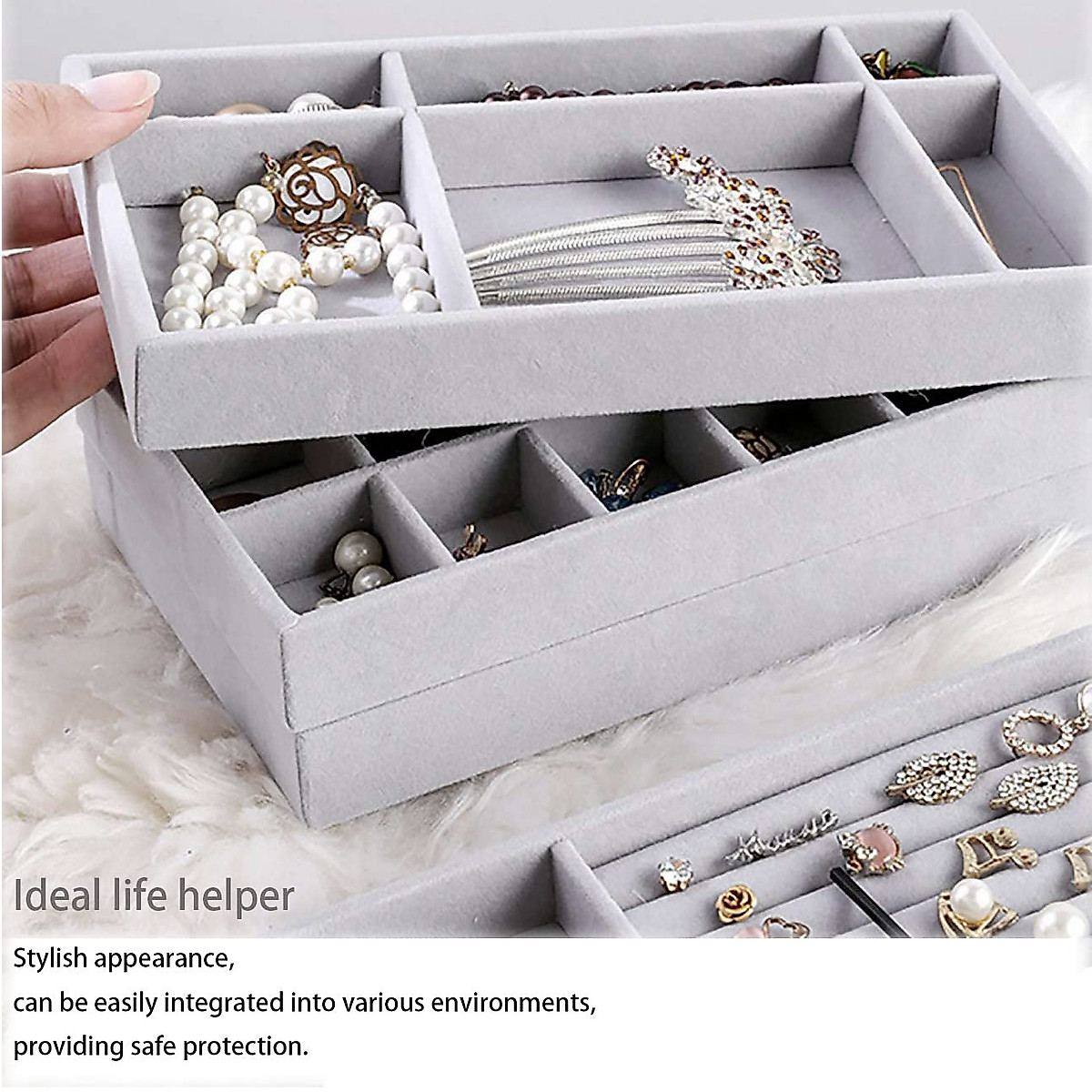 AIRZSNRY Jewelry Organizer for Drawer, Velvet Jewelry Insert Tray, Stackable Jewelry Storage Inserts Stacking Accessories Display for Dresser(Grey,Set of 4)