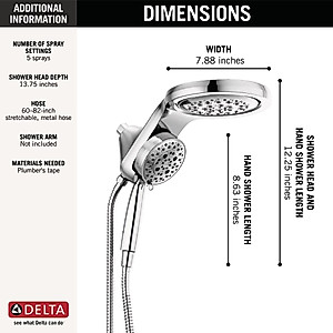 Delta Faucet HydroRain 5-Spray H2Okinetic Dual Shower Head with Handheld Spray, Chrome Shower Head with Hose, Handheld Shower Heads, Detachable Shower, 2.5 GPM Flow Rate, Lumicoat Chrome 58680-PR25