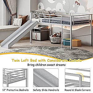 Giantex Twin Loft Bed with Slide, Metal Low Bunk Bed w/Safety Guardrails & Built-in Ladder, Toddler Bed Floor Frame for Boys & Girls, No Box Spring Needed (Silver)