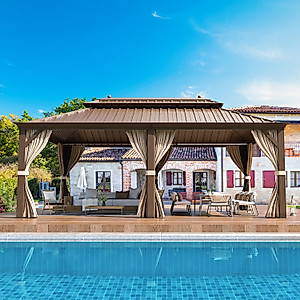 EROMMY 12'x20' Hardtop Gazebo Double Roof Galvanized Steel Canopy Outdoor Aluminum Frame Permanent Metal Pavilion with Netting and Curtains for Patio Backyard Deck and Lawns