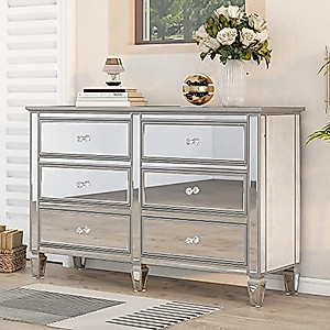 SOFTSEA Modern 6 Drawer Mirrored Dresser, Glass Dresser & Chest of Drawers for Bedroom, Silver Finished Storage Cabinet with Crystal Knobs, Easy Assembly