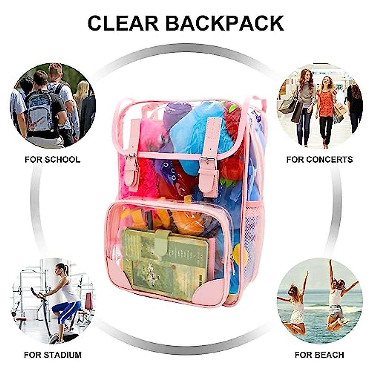 IUULOB Clear Backpack Heavy Duty PVC Transparent Backpack with Leather Trim Large Capacity Backpacks for School (Pink)