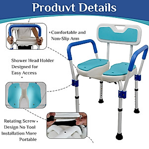 JumboTIGER Wide 17.5-Inch Shower Chair with Arms and Back,Heavy Duty Shower Chair for Inside Shower,Cutout Seat for Private Washing, 300lbs Capacity,Big Man Shower Chair, Tool-Free Assembly,Blue