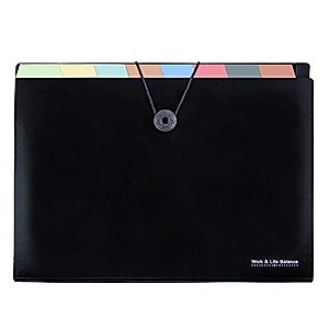 Uquelic 8 Pockets Expanding File Folder - Plastic Black Accordion Document Storage Organiser A4 Letter Size Expandable File Jacket Filing Wallets with Label (Black)