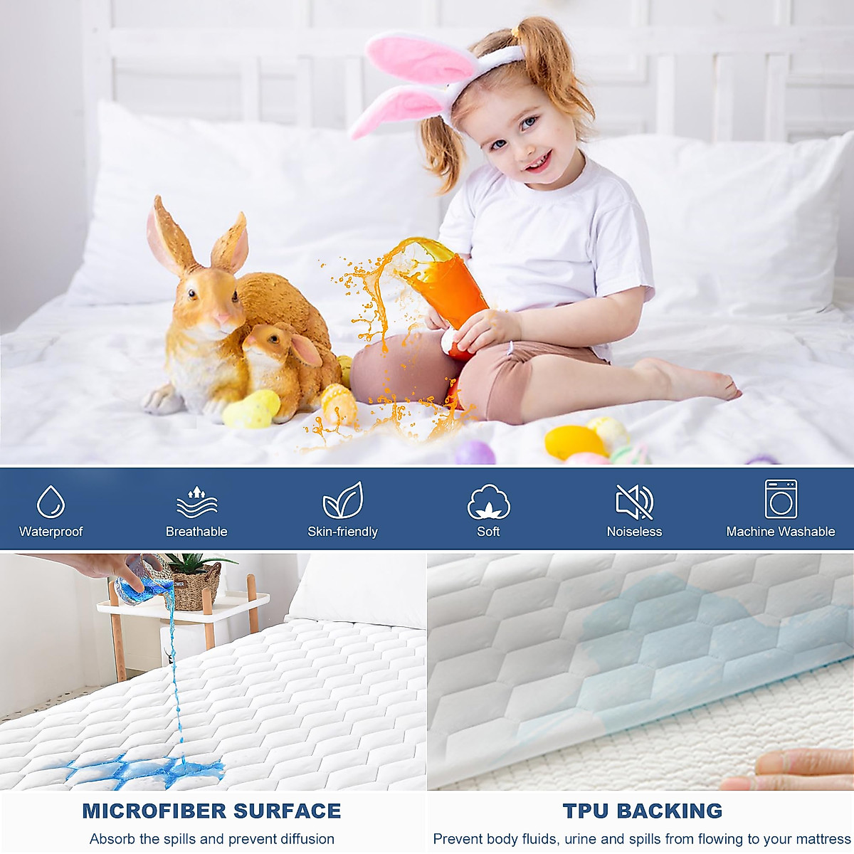 GRT Full Size Quilted Fitted Mattress Pad, 100% Waterproof Breathable Mattress Protector, Noiseless Hollow Cotton Mattress Topper, fits up to 18" Deep, Dust Proof