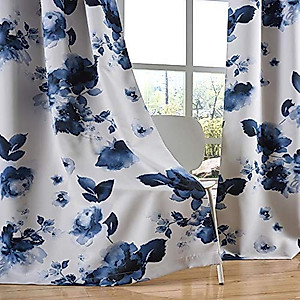 Taisier Home 84 Inch Grommet Room Darkening Window Curtain Drapes, Chinese Traditional Ink Painting Stylized Leaves and Flower,Artwork,Deep Blue Print Curtains for Living Room Bedroom and Nursery
