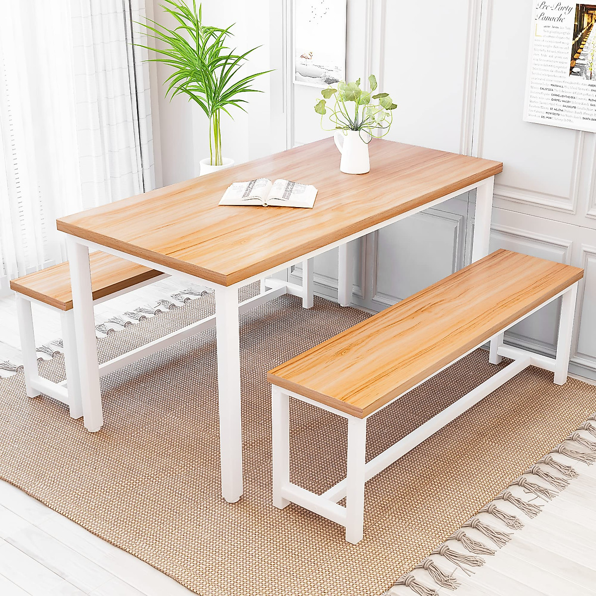 Recaceik Dining Table Set for 4 Kitchen Table Set with 2 Dining Benches, 3 Piece Farmhouse Dining Room Table Set Industrial Breakfast Nook Table Set for Small Space, Apartment, Walnut