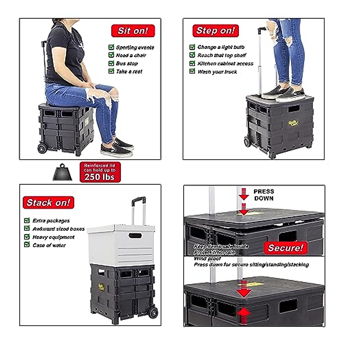 dbest products Quik Cart Sport Collapsible Rolling Crate on Wheels for Teachers Tote Basket 80 lbs Capacity, Made from Heavy Duty Plastic Used as a Seat, Black