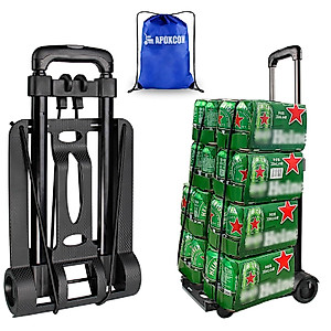 APOXCON Folding Hand Truck, Foldable Dolly Cart with Two Wheels, Collapsible Hand Cart with Adjustable Handle Lightweight Trolley Cart for Moving, Travel, Shopping, Office Use, Portable & Compact