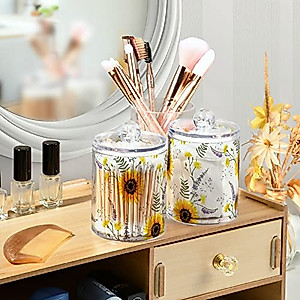 Kigai 2 Pack Apothecary Jars Sunflower Floral White Qtip Holder Organizer Clear Airtight Container for Cotton Swabs Food Storage 14oz Plastic Jars with Lids