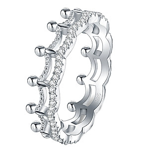 BORUO 925 Sterling Silver Ring, Cubic Zirconia Princess Crown Tiara Wedding Cz Band Eternity Ring Size 8